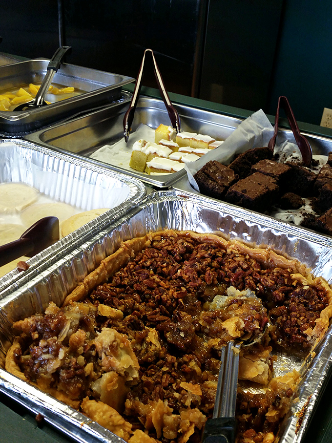 The dessert spread—where Southern pecan pie neighbors chocolate brownies in perfect harmony. A sweet democracy where everyone gets equal representation on your plate.