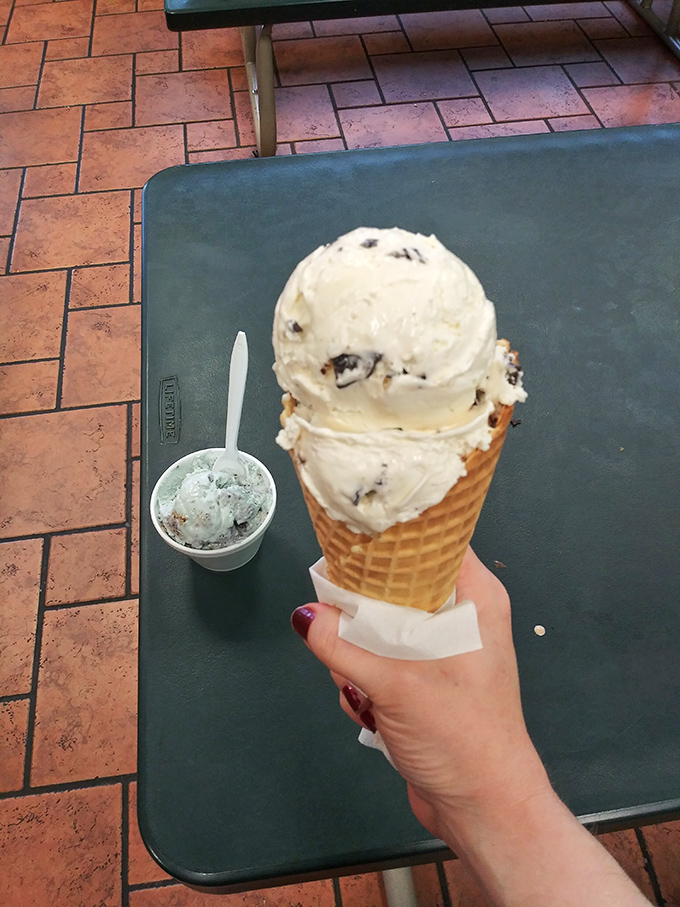 Double-decker delight that demands to be photographed before being devoured. That tiny sample cup on the side suggests someone couldn't decide between flavors. Smart move.