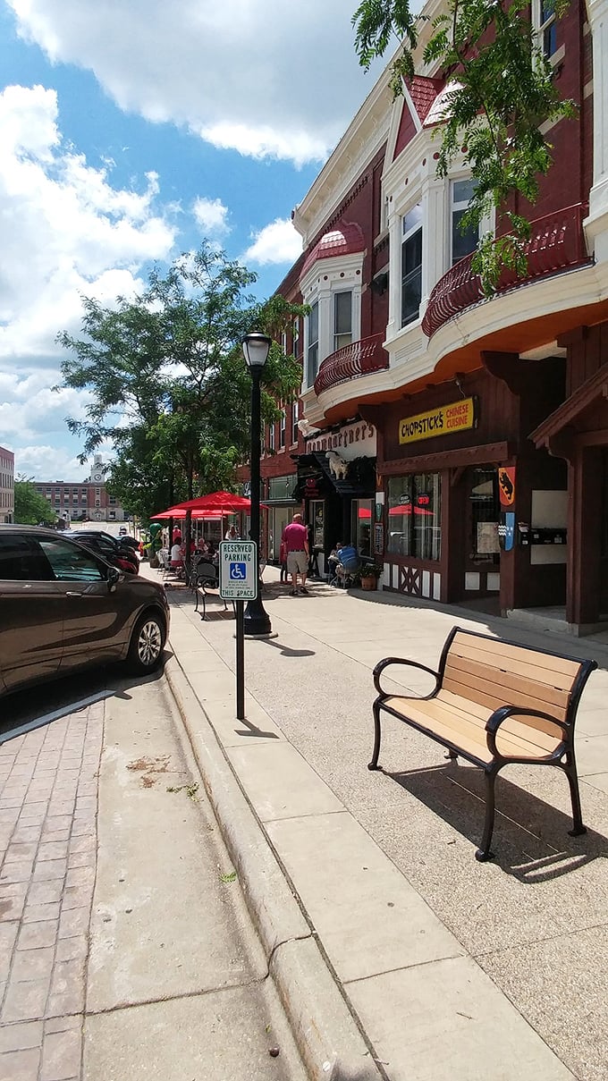 Another view of the downtown square showcases Monroe's well-preserved 19th-century architecture &ndash; a living museum where cheese culture thrives behind every storefront.