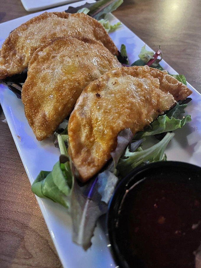 Golden-fried wontons perched on a bed of greens like crispy little treasures. One bite and you'll understand why sharing is overrated.