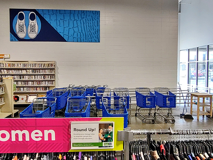 Shopping carts lined up like eager racehorses at the starting gate, ready to be filled with unexpected finds and previously-loved bargains.
