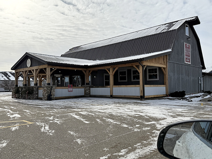 Even against a winter backdrop, The Chubby Trout's sturdy barn structure stands invitingly with its covered porch promising warmth and satisfaction inside.