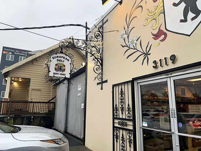 The exterior mural proudly announces "GERMAN SAUSAGE"&mdash;two words that have launched a thousand food pilgrimages to this Portland institution. 