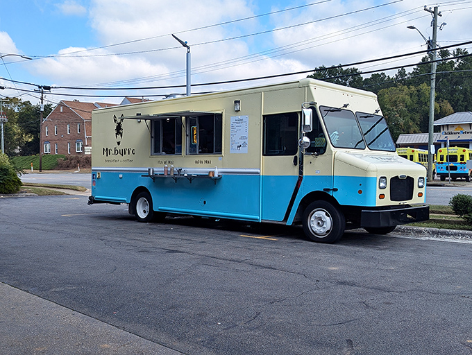 The Mr. Burro truck in its natural habitat - parked and ready to transform ordinary mornings into extraordinary memories.