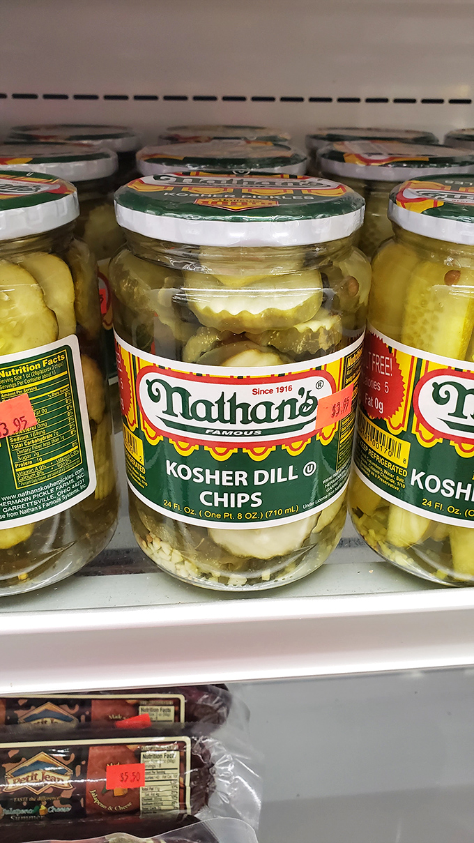 Nathan's Famous pickles: proof that even gourmet food items find their way to this bargain hunter's paradise. New York deli flavor in Harrison!