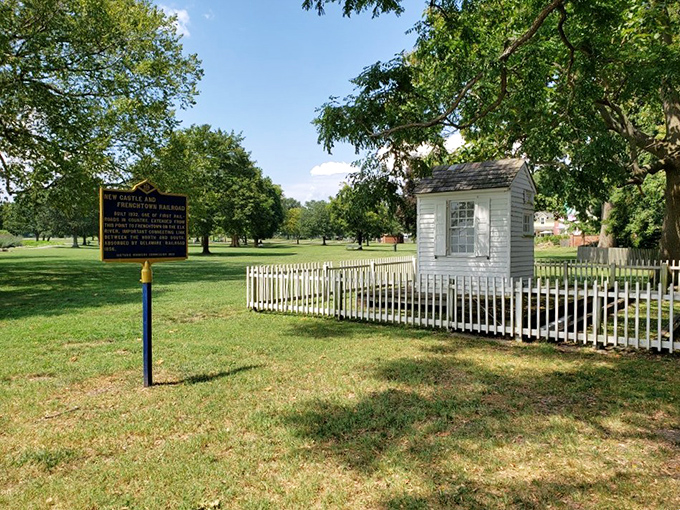 This unassuming white structure and historical marker represent the Frenchtown Railroad Ticket Office&mdash;where 19th-century travelers complained about delays long before Amtrak existed.