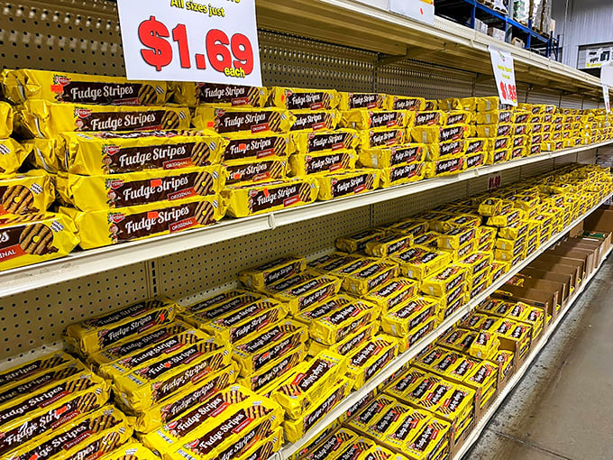 The cookie aisle that launched a thousand diet cheat days. Fudge Stripes stacked with mathematical precision and priced for maximum temptation.