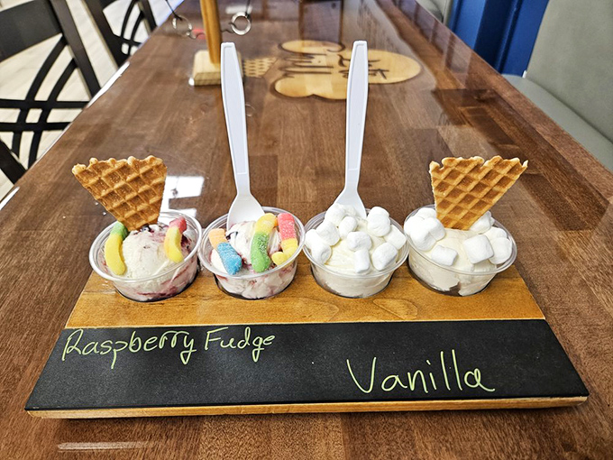 A rainbow of toppings transforms simple scoops into an edible work of art. Sprinkles are never just sprinkles.