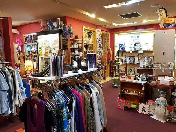 Vintage clothing and knickknacks coexisting in colorful harmony. The kind of place where you come for a vase and leave with a sequined jacket.
