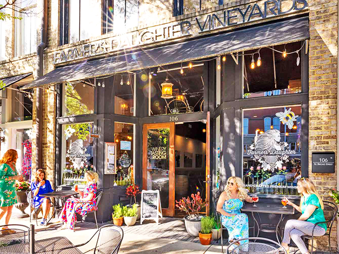 Farmer's Daughter Vineyards blends brick-wall charm with outdoor elegance, proving wine culture thrives beautifully beneath Georgia's southern skies.