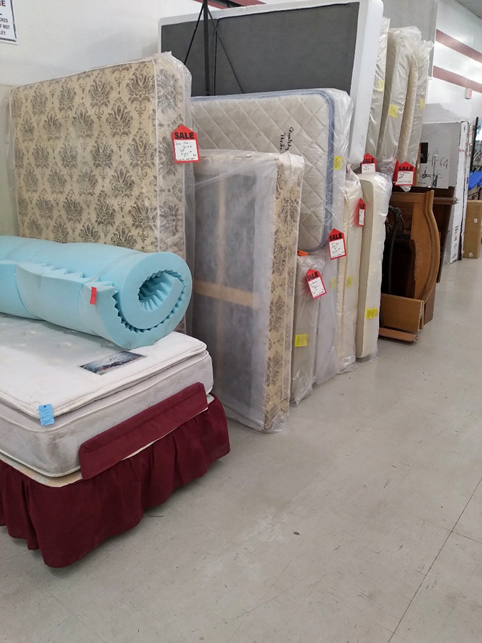 The mattress mountain range, where dreams get recycled. Those red sale tags are like trail markers guiding you to comfort at clearance prices.