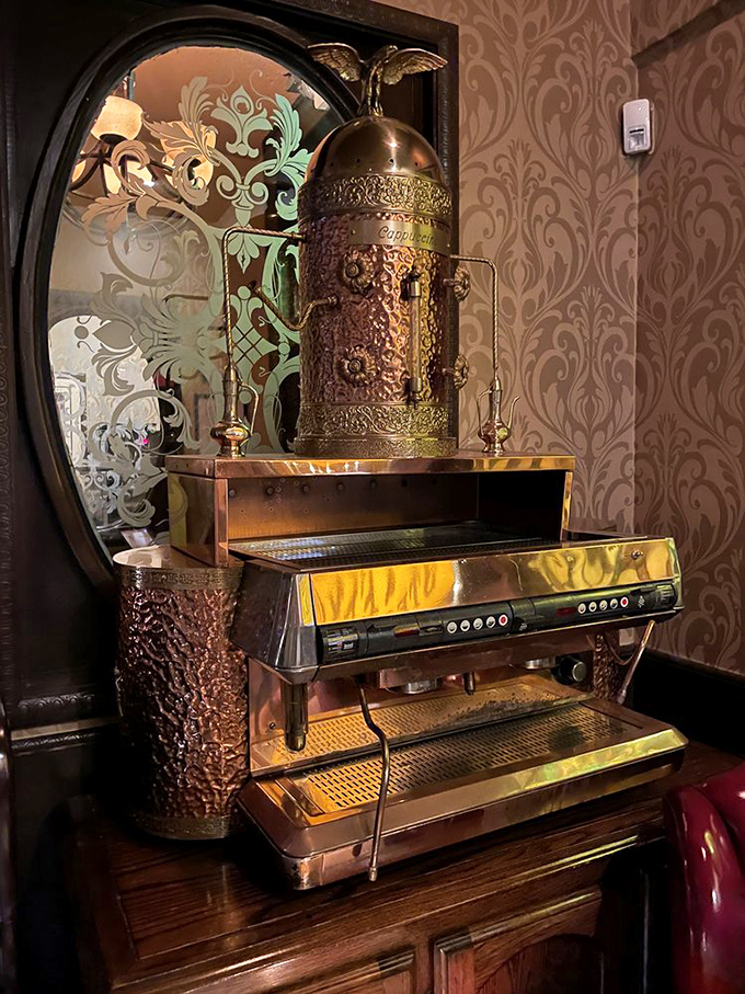 Even the espresso machine looks like it belongs in a museum. Old-world craftsmanship extends to the final sip of your meal.