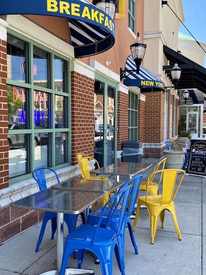 Those blue and yellow chairs aren't just outdoor seating&mdash;they're front-row tickets to people-watching while you contemplate your next deli adventure.