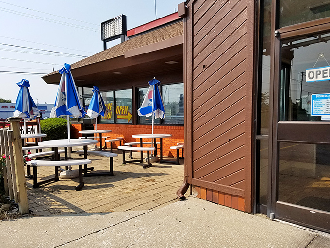 When Indiana weather cooperates, this outdoor seating area transforms into the actual patio that started it all, complete with those classic blue umbrellas.