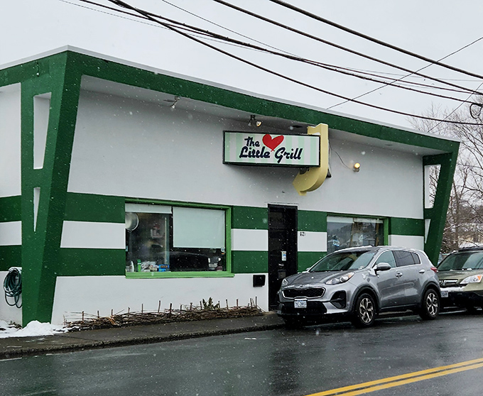 Even in winter's embrace, The Little Grill's green-trimmed exterior stands as a beacon of warmth for breakfast pilgrims seeking comfort.