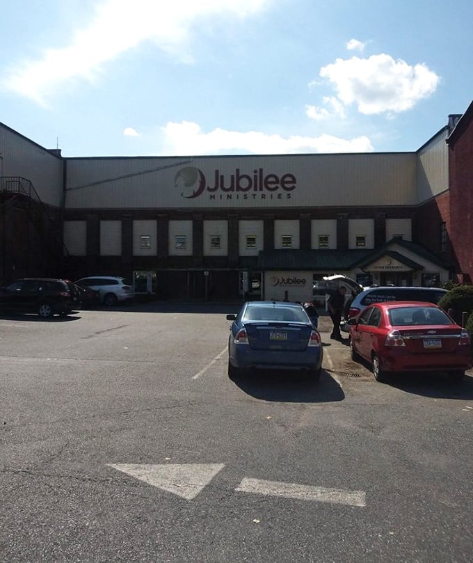 Welcome to treasure island! Jubilee Ministries' impressive façade hints at the bargain hunting paradise within. Adventure awaits behind these doors.