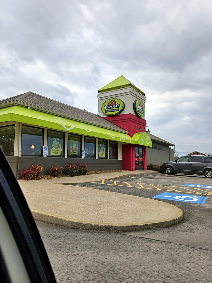 Even under moody Tennessee skies, Fazoli's green-topped tower stands as a beacon of hope for the pasta-deprived traveler.