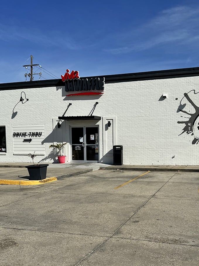 Sunshine highlights the clean lines of Viva La Waffle's exterior. A beacon of breakfast brilliance under Louisiana's blue skies.