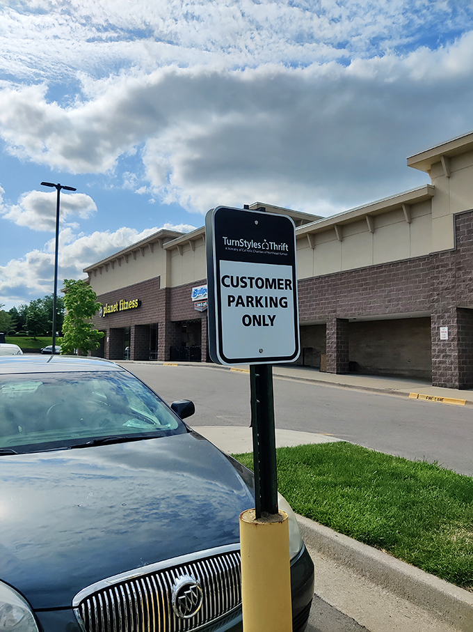 Even the parking lot says "welcome" with its clear signage and blue Kansas sky. Your thrifting adventure begins the moment you pull in.