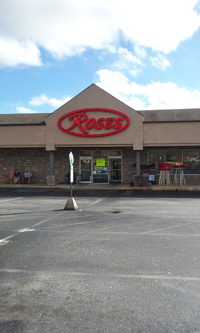 The Roses exterior at dusk&mdash;where bargain hunting adventures begin and wallets breathe sighs of relief. 