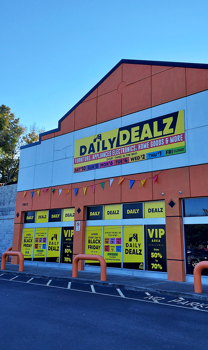 As evening approaches, the Daily Dealz storefront glows with promise, its colorful pricing banners and festive pennants beckoning to bargain hunters far and wide.