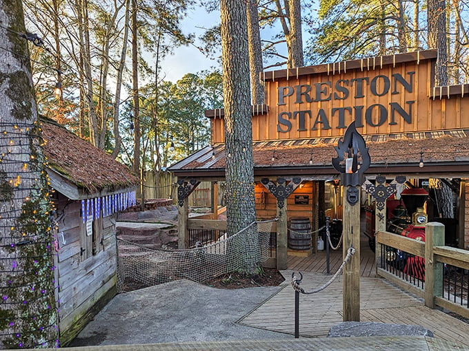 Preston Station stands as part of the Western village atmosphere, proving Deadwood isn't just a restaurant&mdash;it's an entire frontier experience.