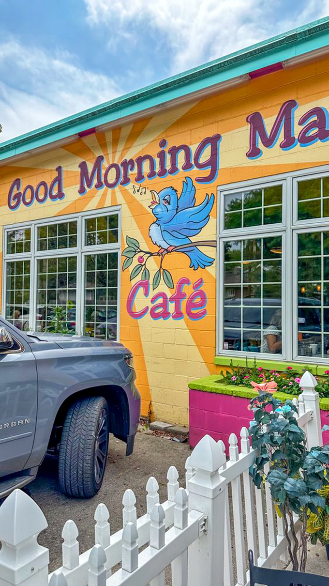 The bluebird of happiness has found its permanent perch on this sunny facade. Even the white picket fence is smiling.
