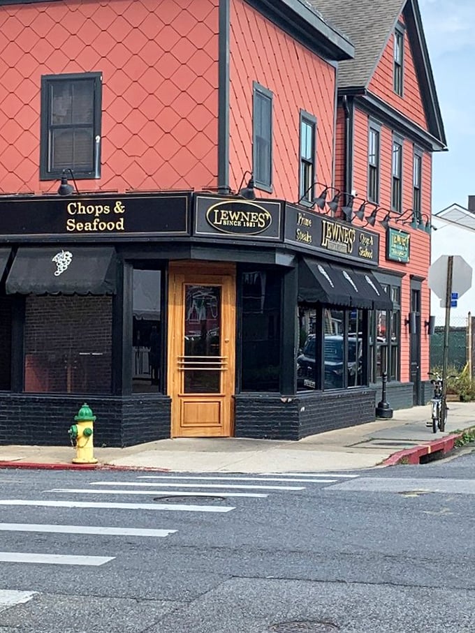 That distinctive coral-colored exterior with its vintage signage announces to Eastport that serious steak business happens within these walls.