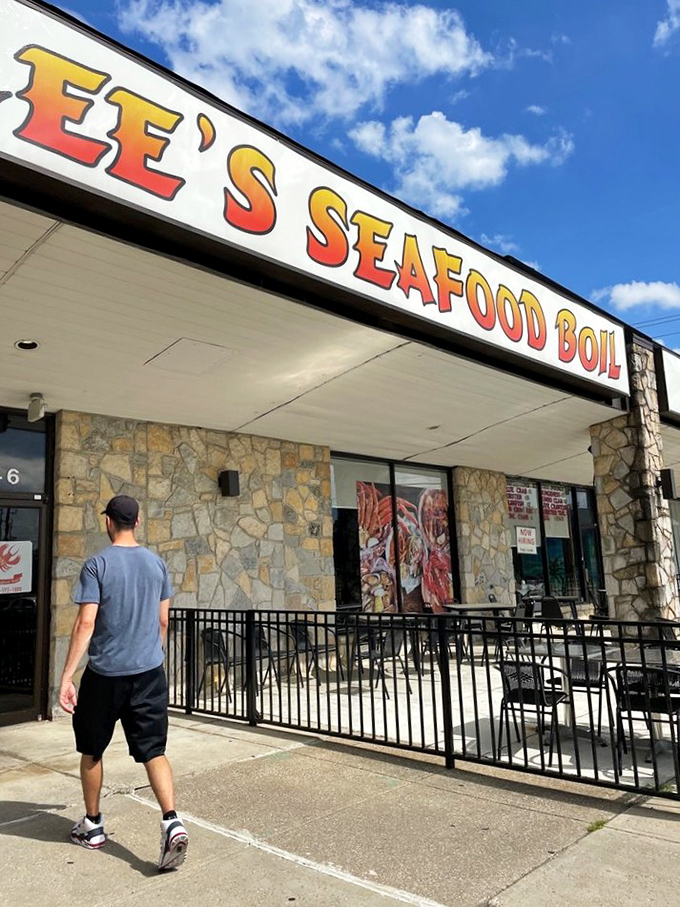 The siren call of Lee's Seafood Boil beckons another hungry pilgrim. That sign promises more than just a meal &ndash; it's an invitation to adventure.