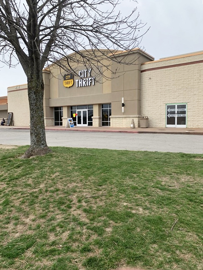 Even on cloudy days, City Thrift's exterior promises sunshine inside—where bargain hunters find rays of retail hope in previously-loved treasures.