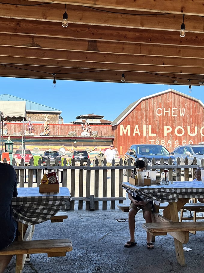 Even the outdoor seating offers a slice of Americana with that Mail Pouch tobacco barn view. Ohio's charm extends beyond the plate.