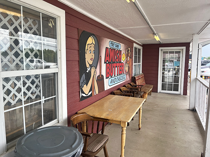 The front porch offers a moment to contemplate your food choices or recover from them. Either way, that bench has heard some satisfied sighs.