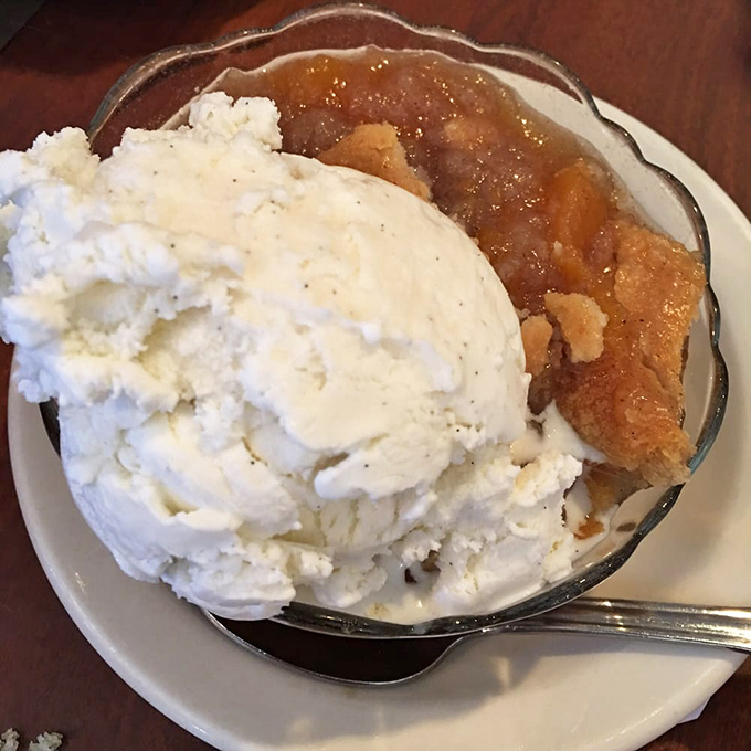 This peach cobbler and ice cream wouldn't be out of place at a state fair ribbon competition. Warm, fruity, and transcendent.