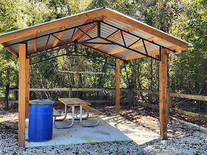 A thoughtful picnic shelter for those brave souls who think, "You know what would make lunch better? The possibility of spectral company!"
