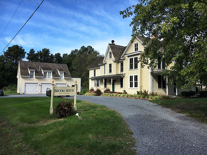 The sign says "Brooks House" but it might as well read "Your worries stop here." That gravel driveway leads to the land of digital detox.