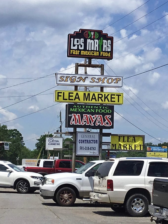 The roadside sign announces a perfect Arkansas trifecta &ndash; Mexican food, a sign shop, and treasure hunting all in one convenient stop.