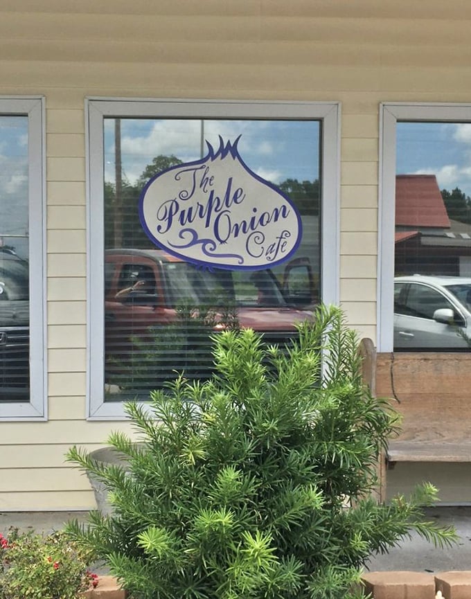 The cheerful blue sign promises what awaits inside&mdash;a place where "Purple Onion" means more than just an ingredient; it's become a breakfast destination.