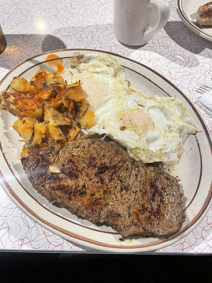 Steak and eggs &ndash; the breakfast of champions who plan to skip lunch, with potatoes that have clearly been introduced to seasoning and high heat.