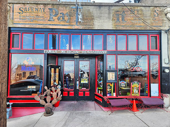Vaqueros Grill's vibrant red trim and prickly pear sculpture announce "Southwestern flavors live here" before you even see a menu.