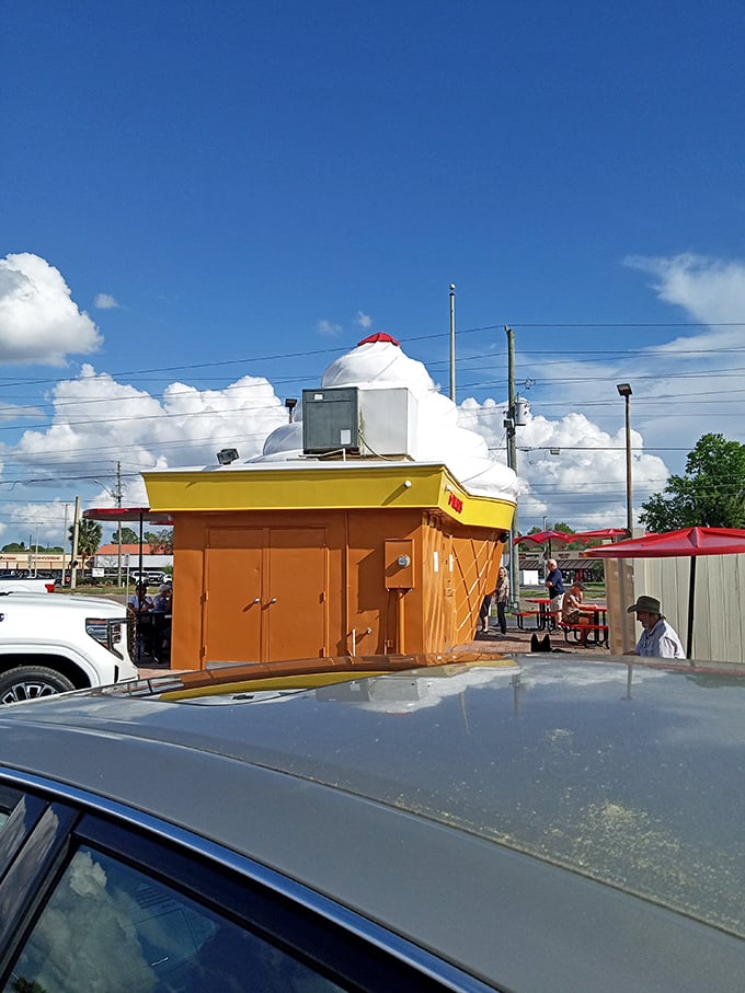 From this angle, it really does look like a giant dropped their ice cream cone on the side of the road &ndash; in the most delightful way possible.