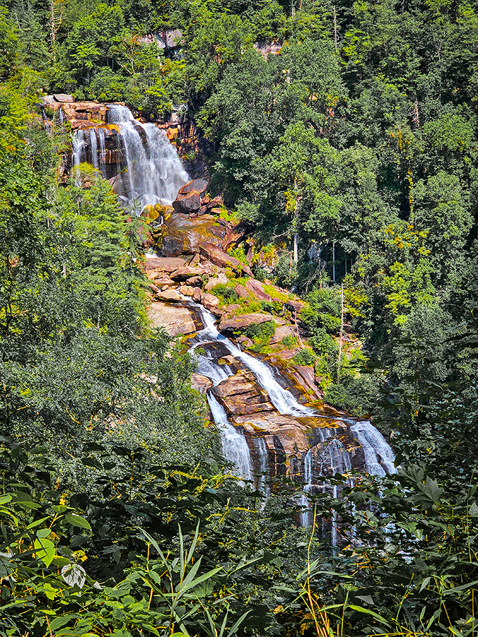 The falls from afar&mdash;framed by forest and stone. Some natural wonders are best appreciated with a little distance for perspective.