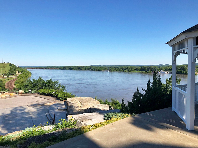 The mighty Missouri provides a shimmering backdrop to Hermann's riverside charms, where waterfront views enhance every culinary experience.