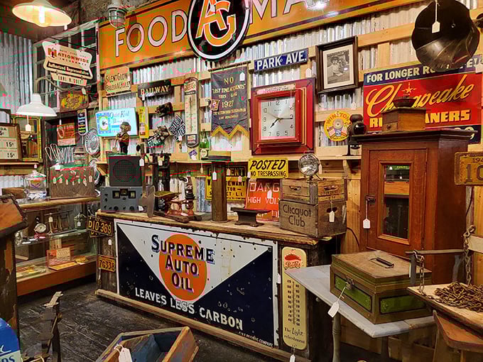 The exterior's ghost signage for "Superior Laundry Machinery" hints at the building's industrious past before it became treasure central.