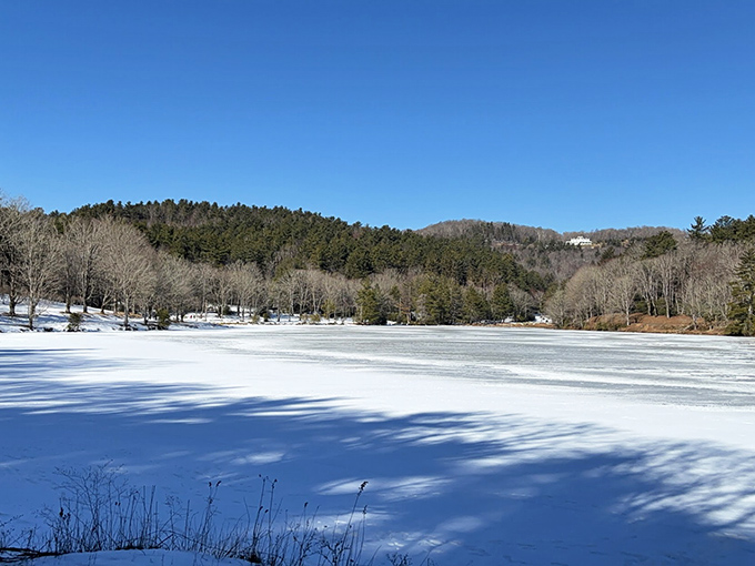 Winter's peaceful slumber blankets Bass Lake, proving every season brings its own version of perfect to this trail.