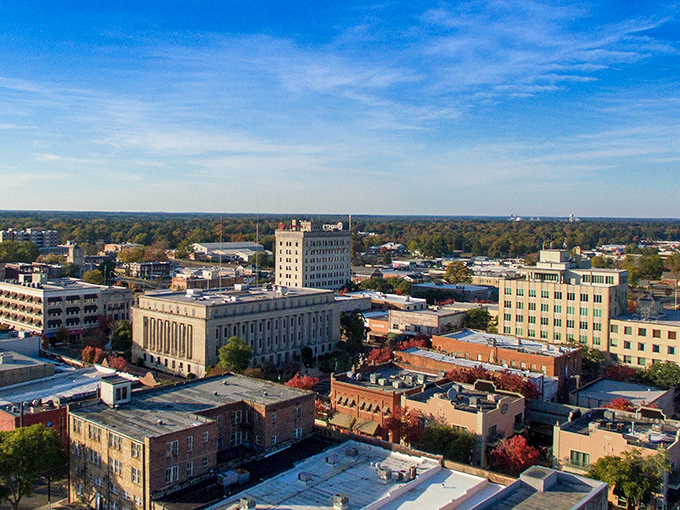 From above, El Dorado reveals itself as an architectural timeline, where historic buildings and modern structures create a patchwork of progress.