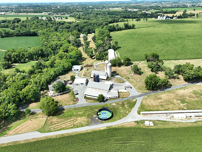 From above, the working farm reveals its true character—a patchwork of buildings, fields, and pathways that form a living museum of rural Pennsylvania life.
