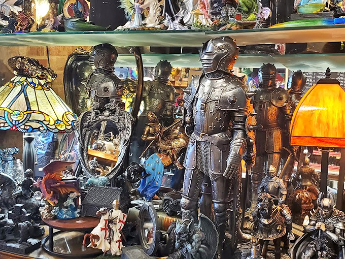 Medieval knights standing guard over Tiffany lamps&mdash;the ultimate protection against both dragons and insufficient ambient lighting.