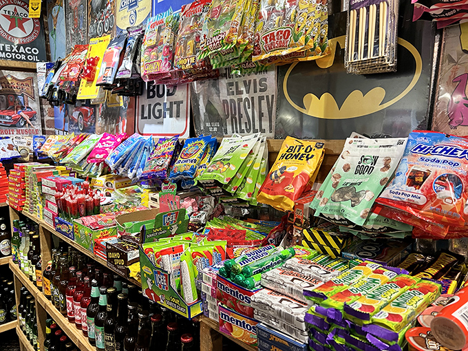 Batman watches over an empire of sugar and nostalgia, where even superheroes can't resist the siren call of retro candy.