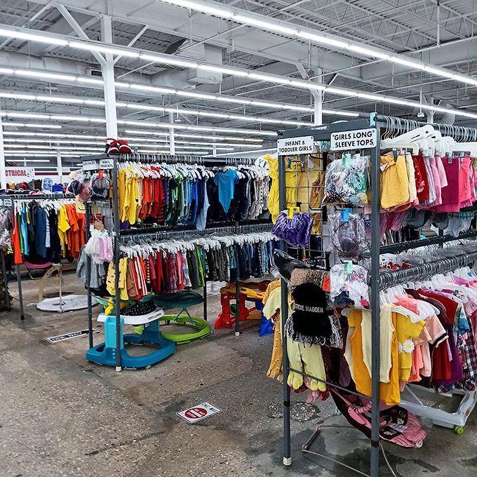 The exterior's blue roof and patriotic signage announce this thrift emporium to the world, a siren call to bargain hunters and vintage enthusiasts alike. 