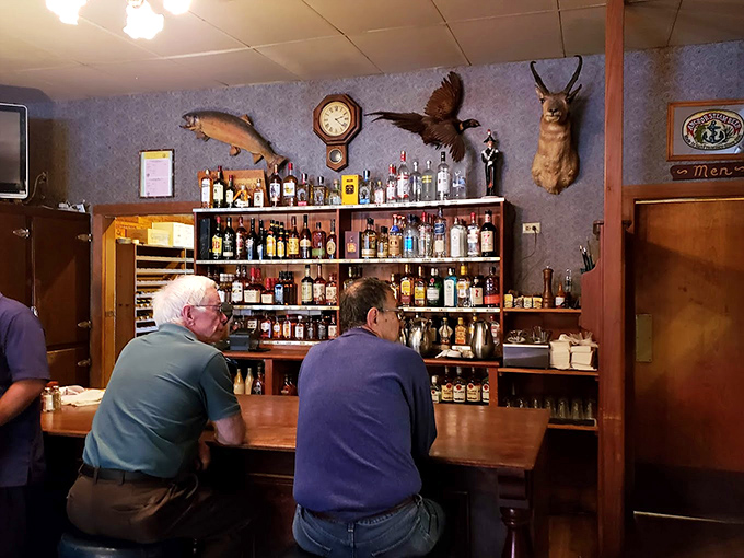 The bar, with its mounted fish and well-stocked shelves, feels like the living room of that cool uncle who always has the best stories about "the one that got away."